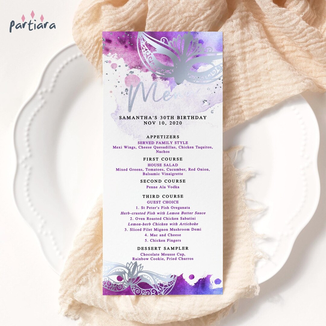 Purple Masquerade Menu Card Printable, Editable Masked Ball Dinner ...