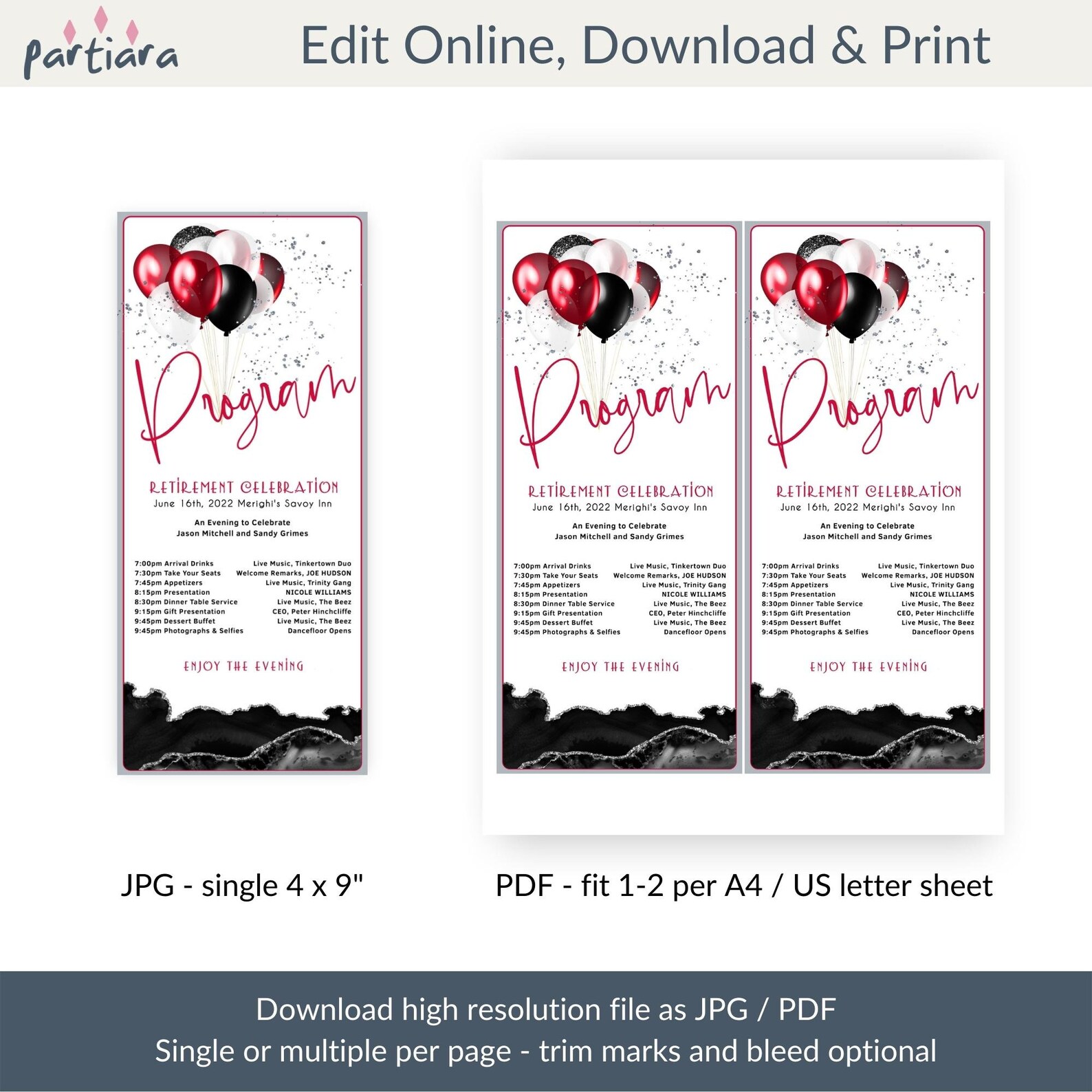 Red Black Silver Program Card Printable Men or Ladies - Etsy