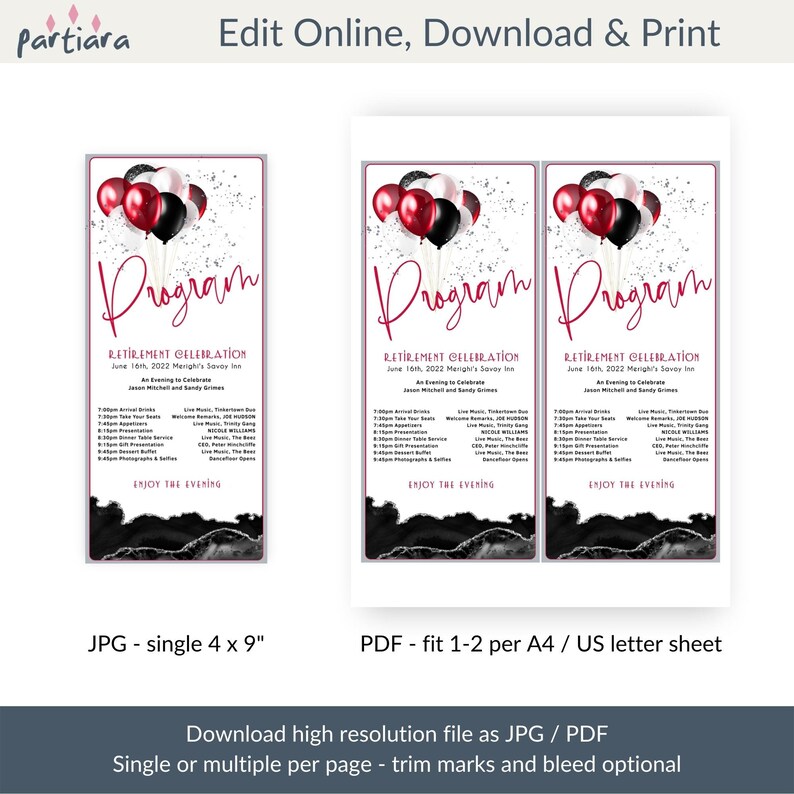Red Black Silver Program Card Printable Men or Ladies - Etsy