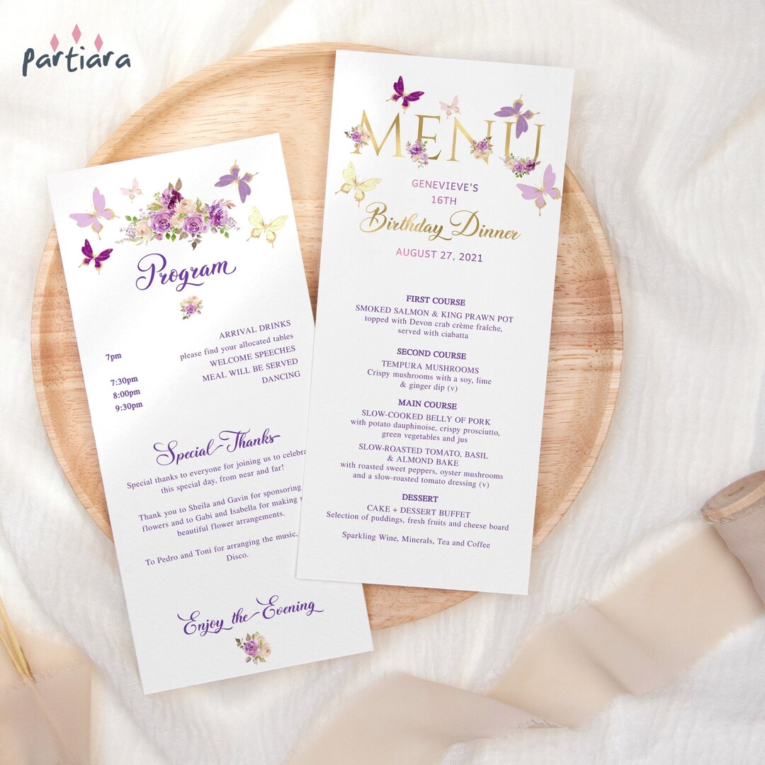 Butterfly Menu Card, Sweet 16 Program Template, Girls Birthday Menus ...