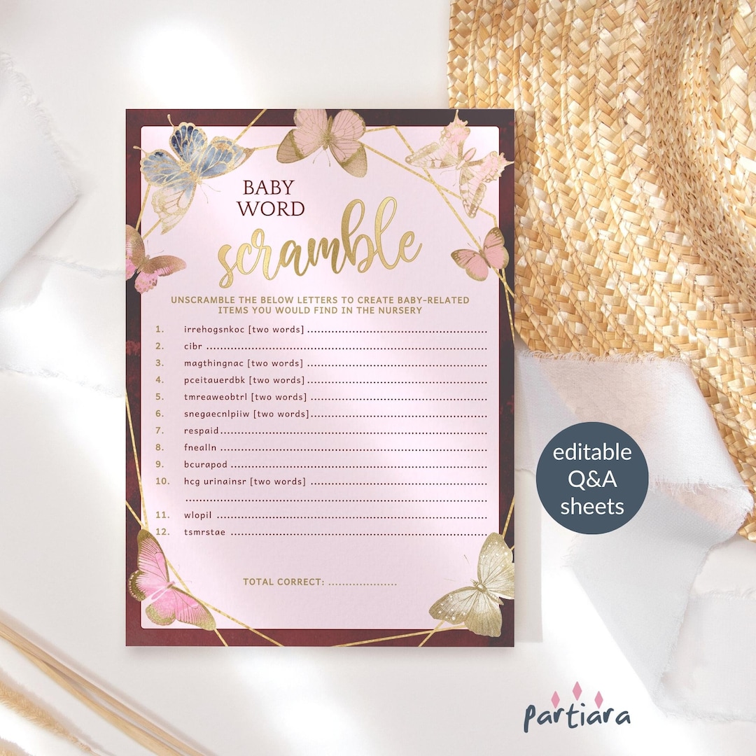 Word Scramble Game Girl Baby Shower Butterfly Party Games Printable ...