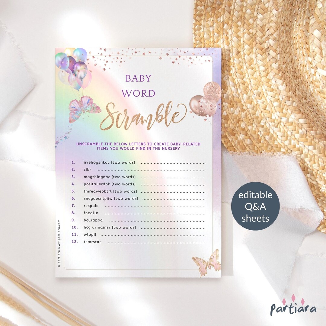 Baby Rainbow Word Scramble Game Girl Baby Shower Party Games Printable ...