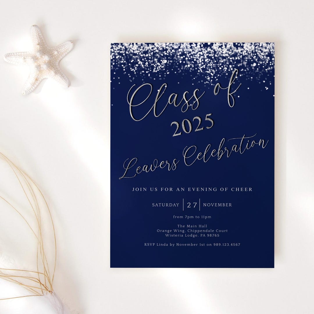 Class of 2025 Graduation Invitation, Navy Blue Silver School Leavers ...
