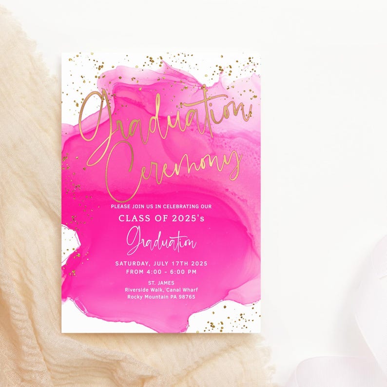 Graduation Invitation 2026 Template: Girls Hot Pink Ceremony Printable ...