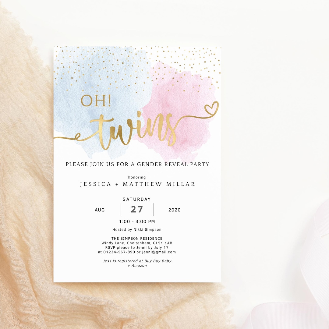 Gender Reveal Twins Invitation Template, Boy Girl Babies Invite ...