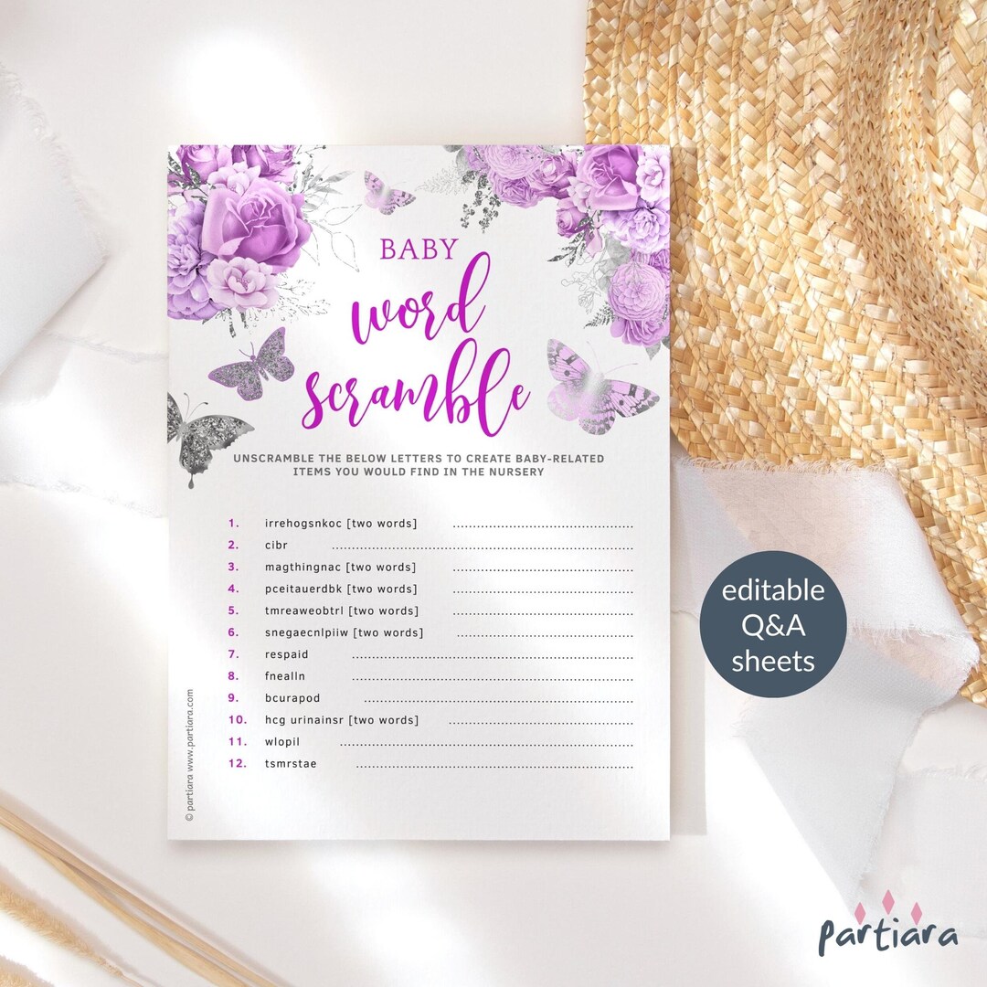 Butterfly Word Scramble Baby Shower Game Card Template, Girls Floral ...