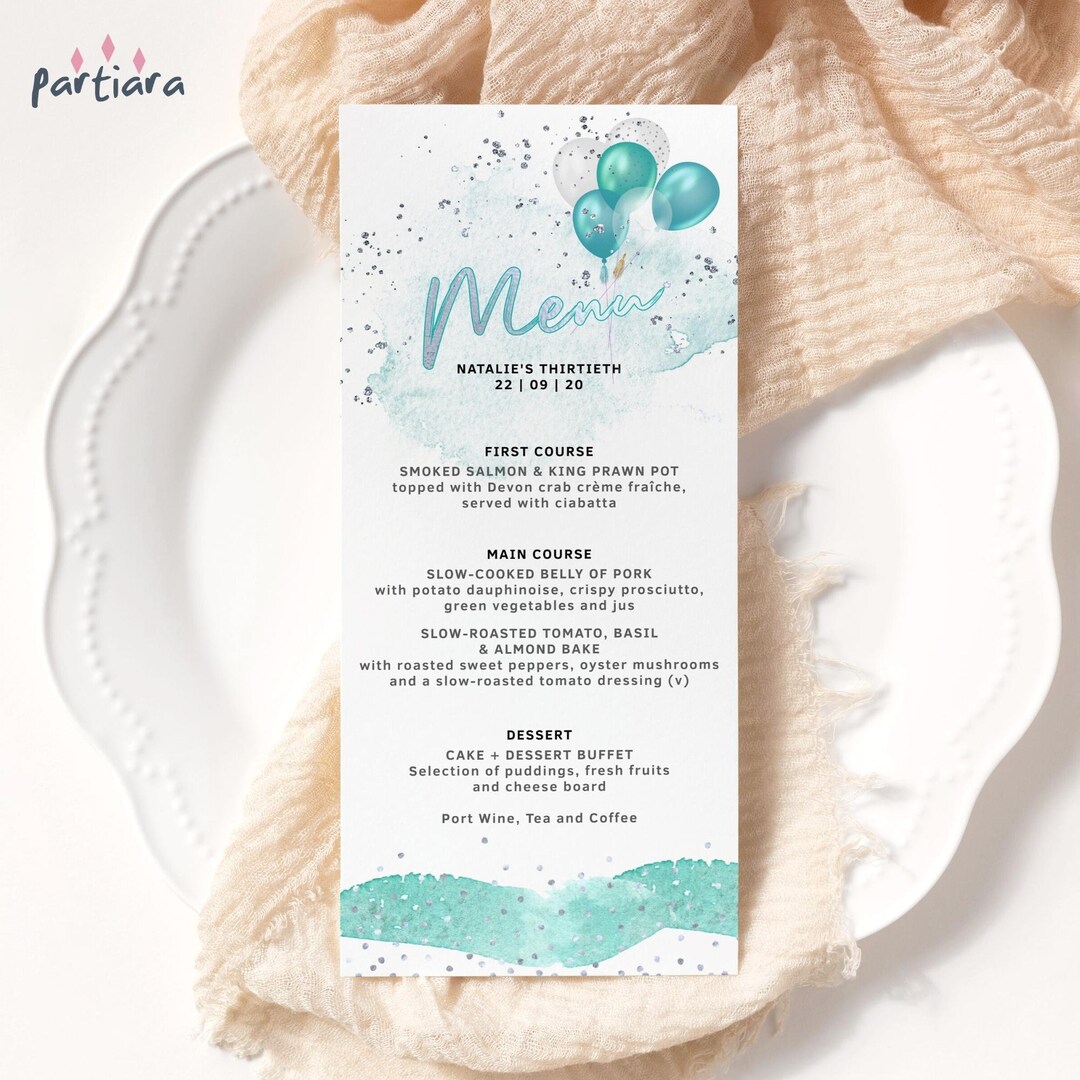 Blue White Menus Ladies Graduation Menu Card Printable Turquoise Silver ...