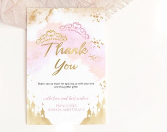 Princess Thank You Card Birthday Party Thanks Cards Template - Etsy