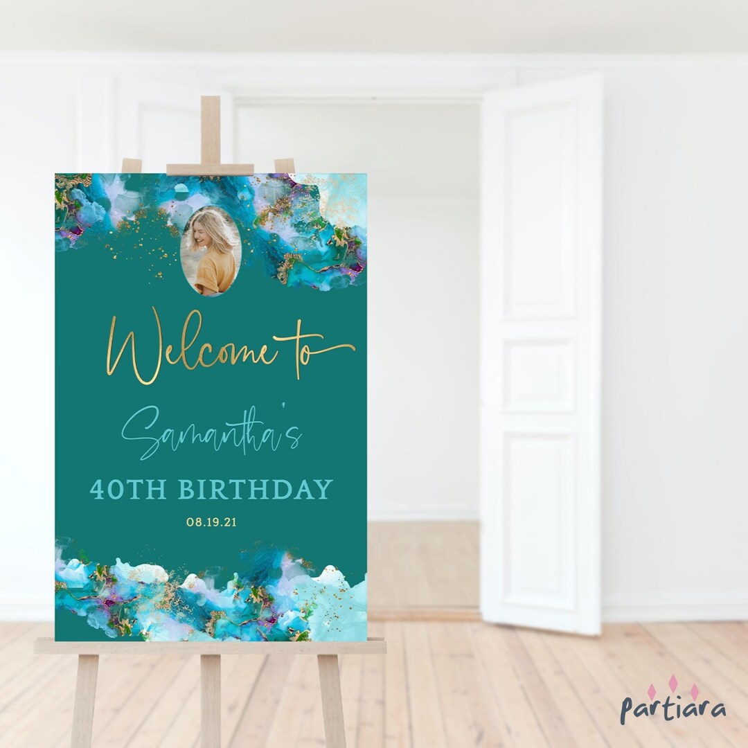 Ladies Birthday Welcome Sign Emerald Teal Gold Dinner Party Photo ...