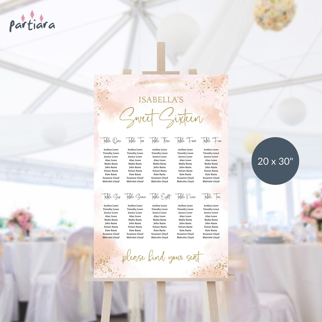 Editable Seating Chart Sweet 16 Birthday Template: Girls or Ladies ...