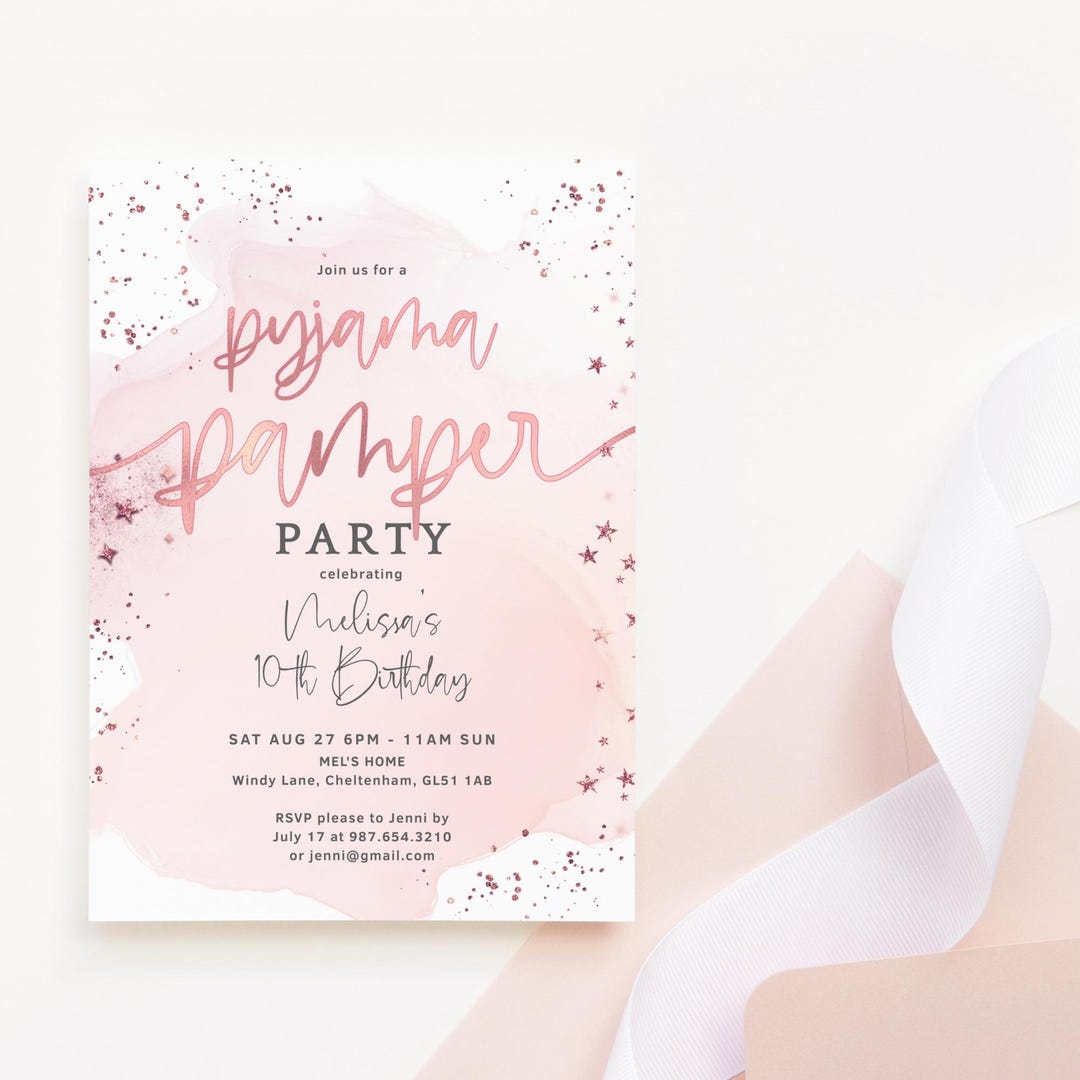 Pyjama Pamper Party Invitation, Birthday Sleepover Invite, Pastel Pink ...