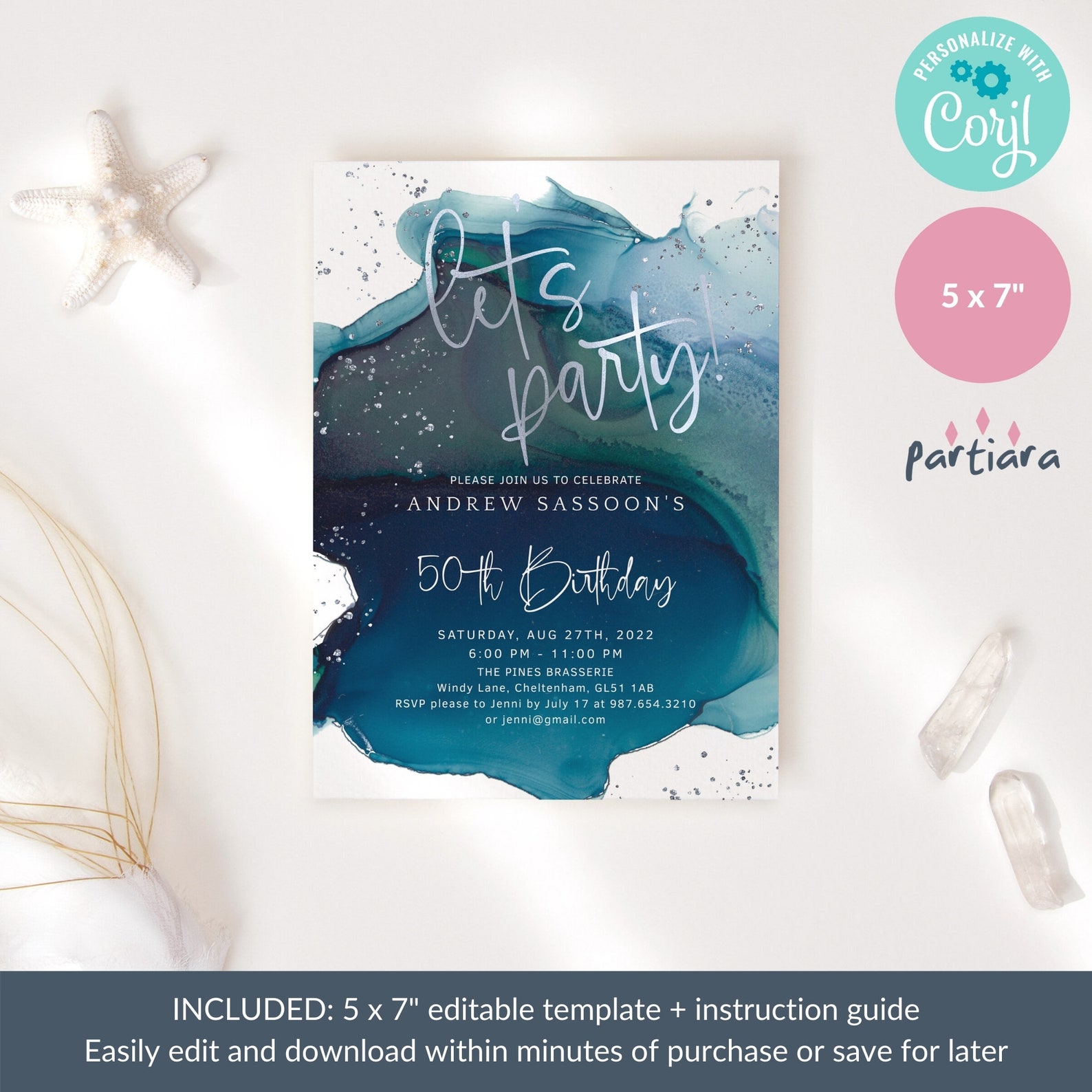 Blue Silver Birthday Invite Printable Men or Ladies Teal Blues - Etsy