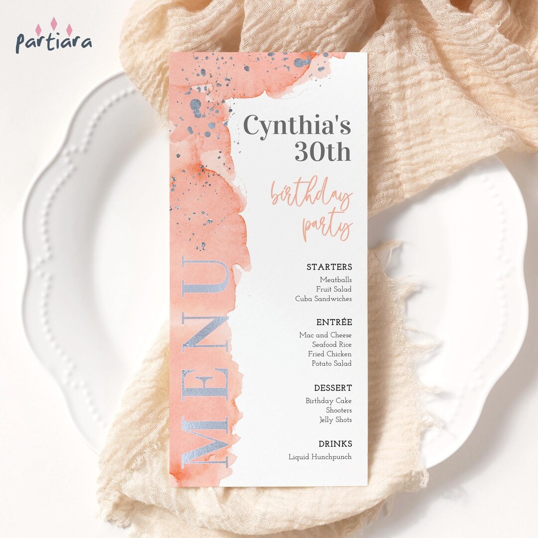 Pink Silver Menu Editable Ladies Birthday Brunch Menus Coral Retirement ...