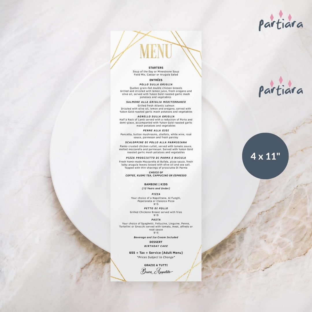 All White Gold Menu Card Printable, Birthday Dinner Party Table Menus ...