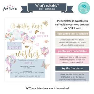 Butterfly Kisses 1st Birthday Invite Template, Unicorn First Birthday ...