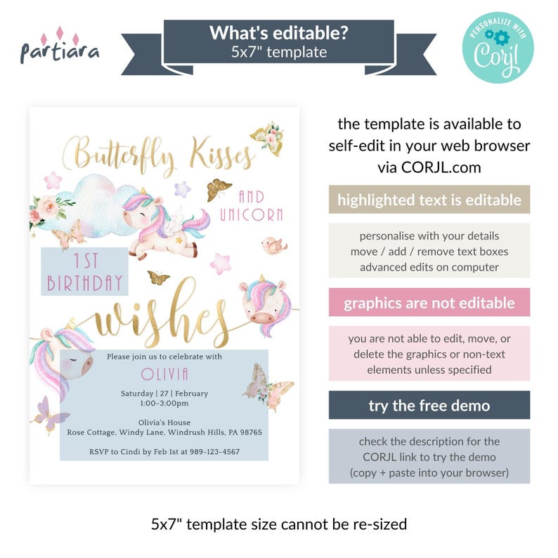 Butterfly Kisses 1st Birthday Invite Template, Unicorn First Birthday ...