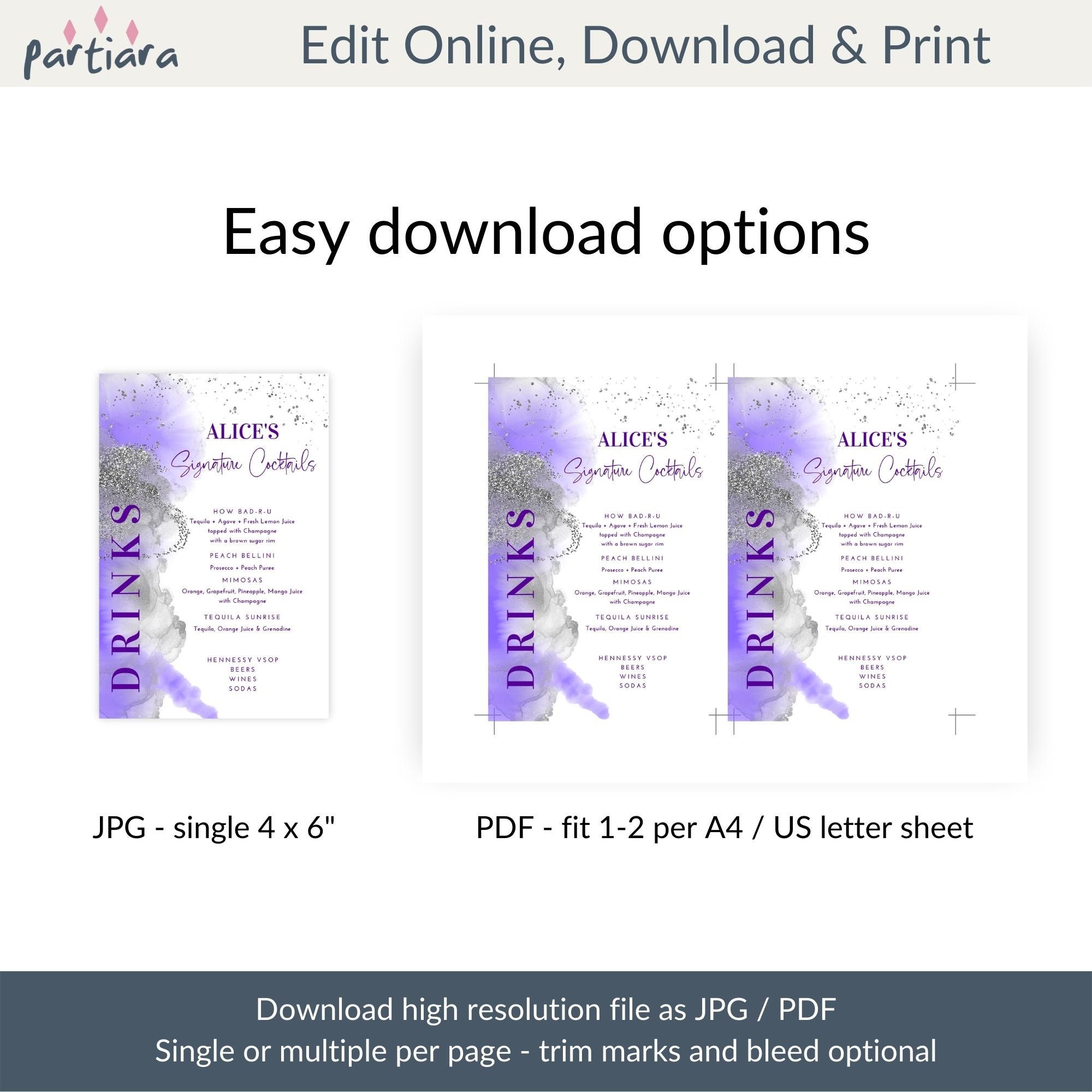 Editable Drinks Menu Template: Purple Signature Bar Menus for Ladies ...