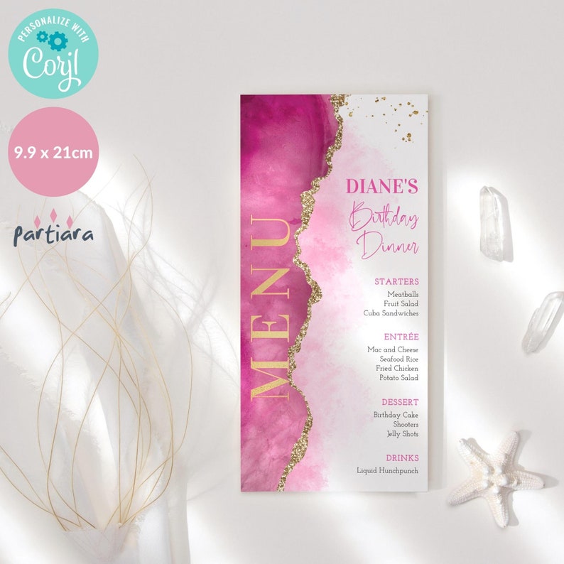 Girls Menu Card Template: Ladies Birthday Dinner Table Menus Printable ...