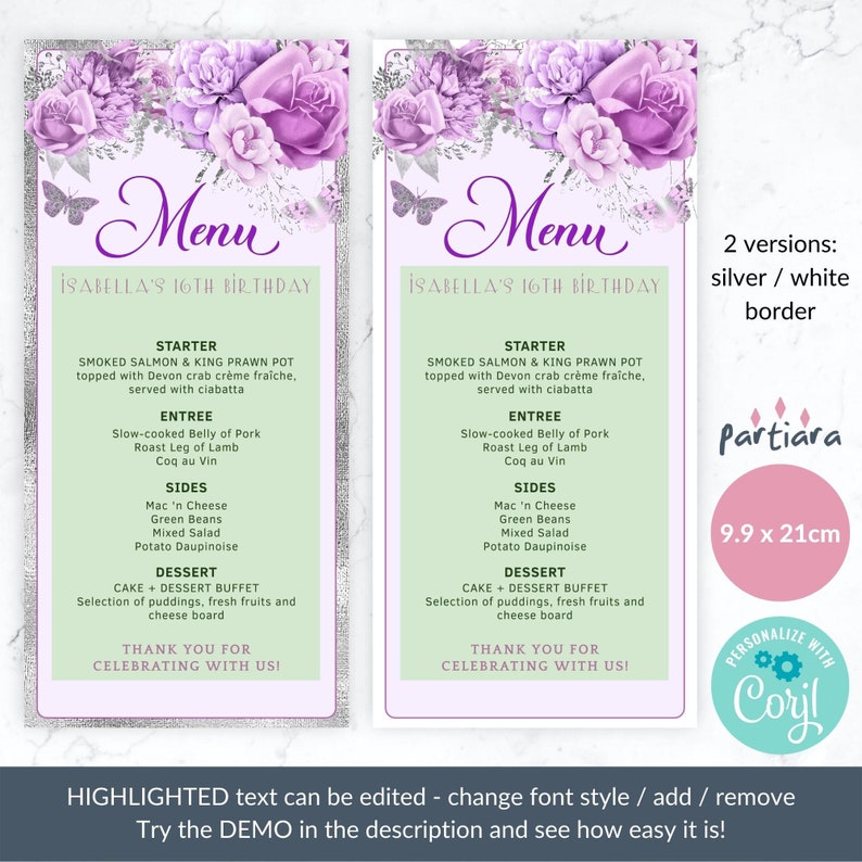 Purple Floral Menu Template, Birthday Butterfly Sweet 16 Menus ...