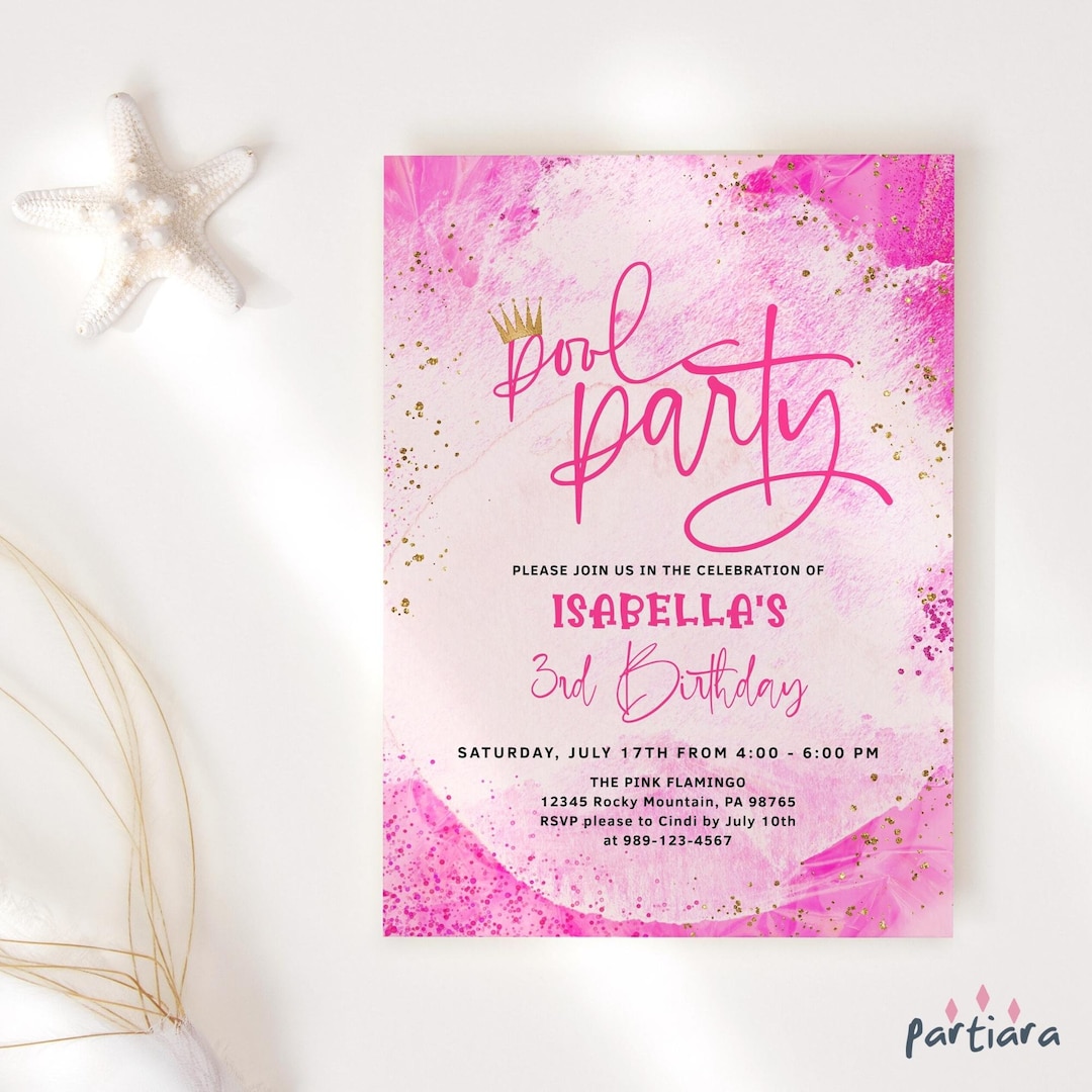 Princess Pool Party Invitation Printable Hot Pink Gold Girl Birthday ...