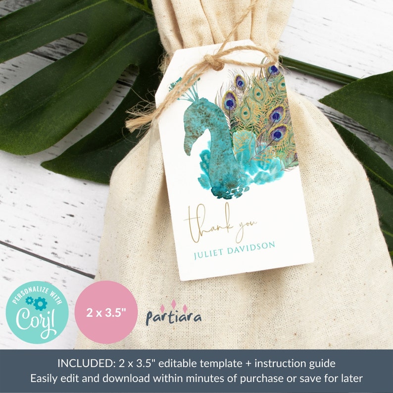 Peacock Favor Tag Template, Bridal Shower Thank You Party Tags ...