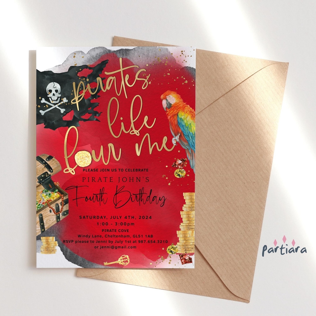 Pirate 4th Birthday Invite Printable Pirates Life Four Me Golden Party ...