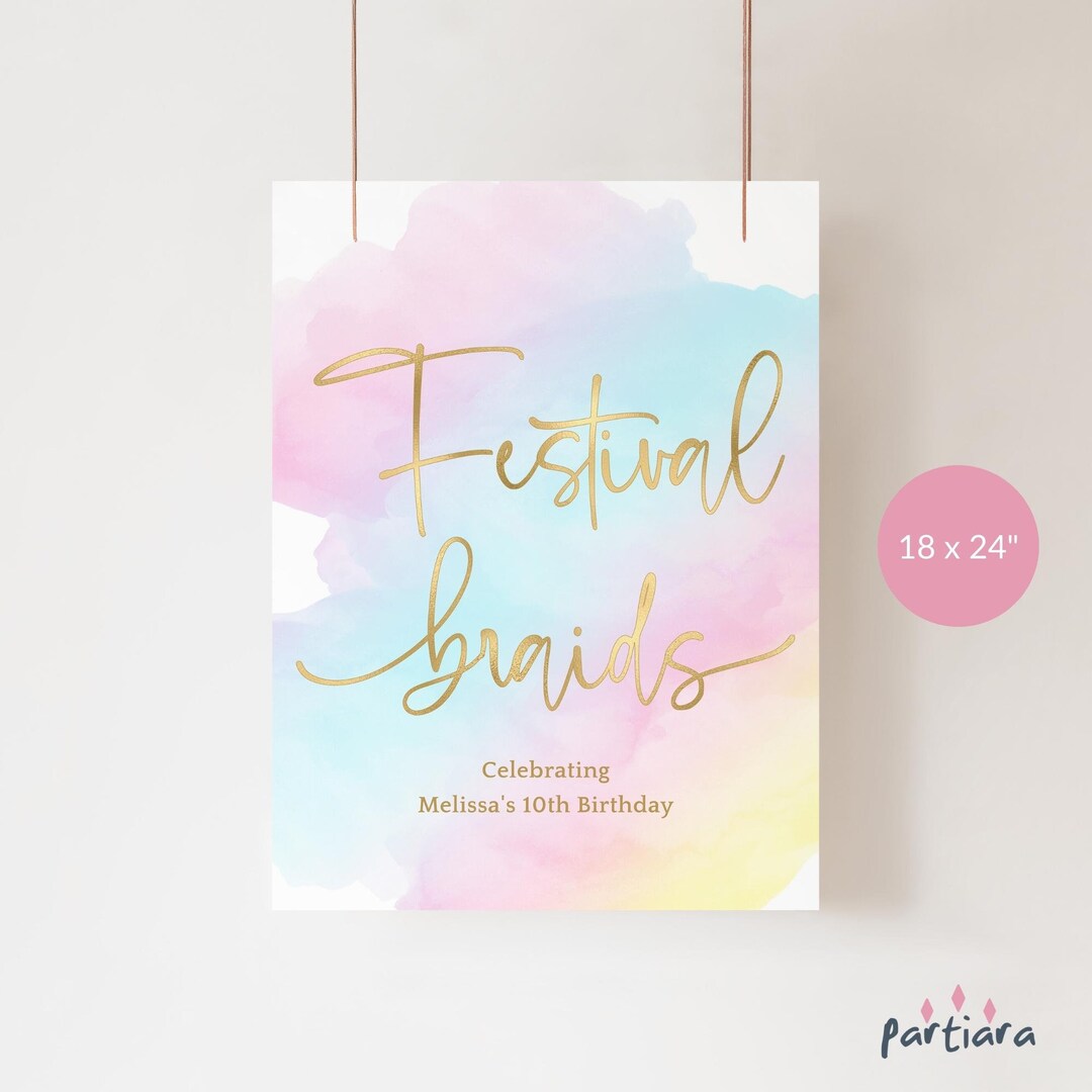 Festival Braids Sign, Girls Rainbow Birthday Party Poster Decoration ...