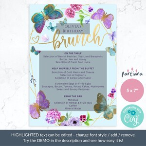 Butterfly Brunch Menu Template, Girls Birthday Menus Printable, Pink ...