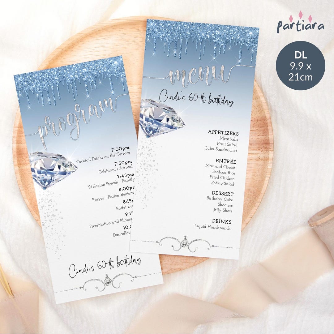 Diamond Menu and Program Template, Birthday Dinner Menus, Editable ...