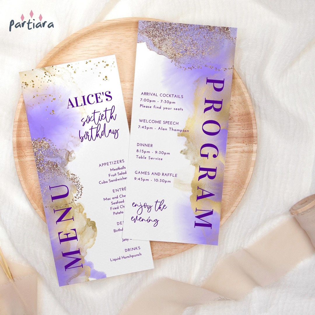 Purple Menu Template With Program, Birthday Dinner Party Programs ...