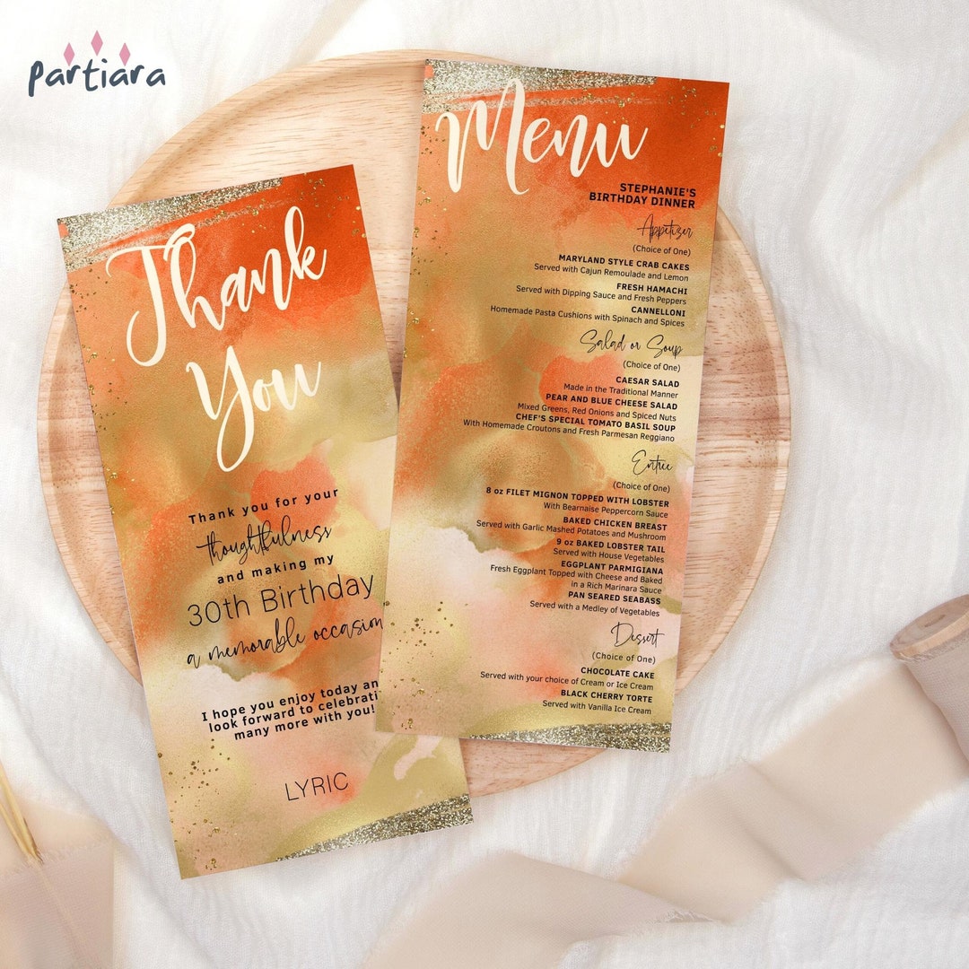 Fall Birthday Menu Printable, Dinner Party Menus and Thank You Plate ...