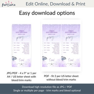 Lavender Silver Birthday Program Card Editable Digital Download ...