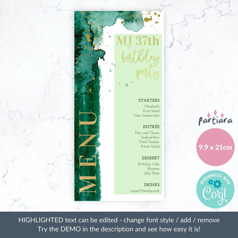 Birthday Menu Card Emerald Green and Gold Party Table Menus - Etsy