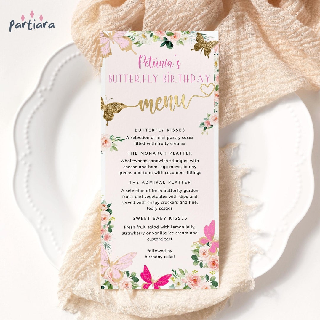 Girls Lunch Menu Template, Butterfly Birthday Menus Printable, Pink ...