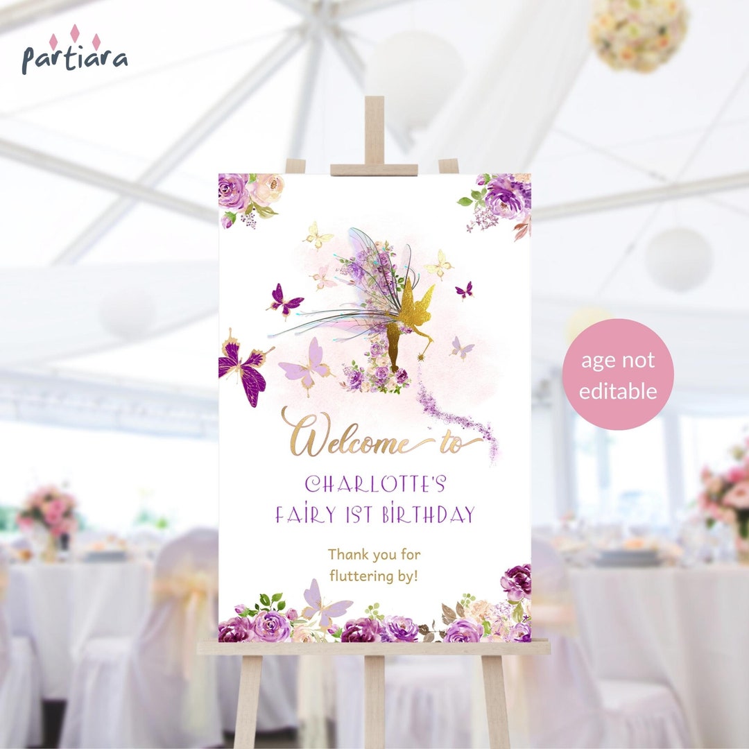 Fairy First Birthday Welcome Sign Printable Girl's 1st Butterfly Floral ...