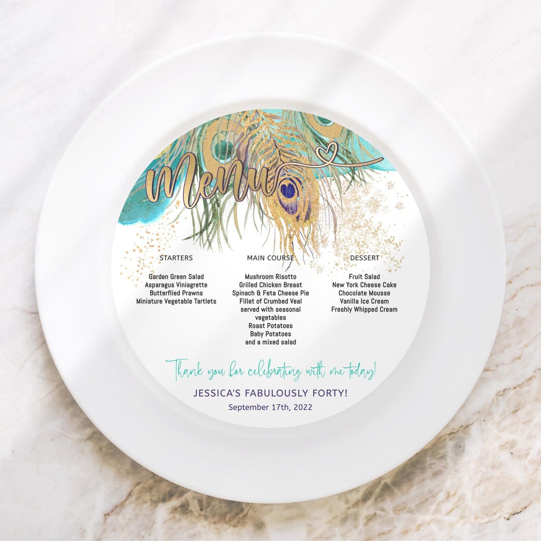 Peacock Menu Plate Insert Card, Charger Menus Printable, Bridal Shower ...