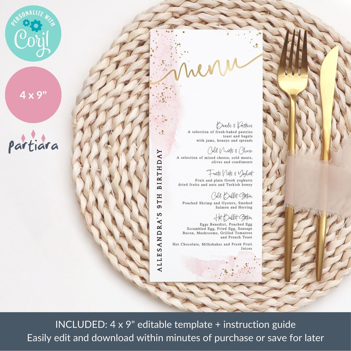 Pastel Pink Table Menus Girl Baby Shower Party Menu Blush Pink Gold ...