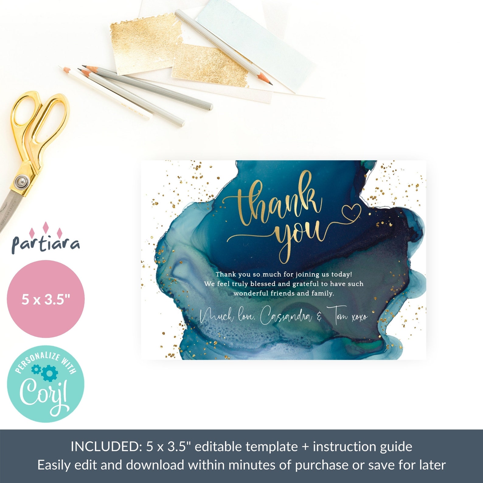 Teal Gold Thank You Card Printable DIY Editable Template - Etsy