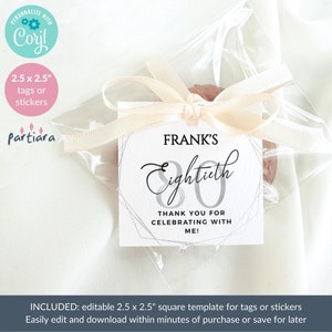 80th Birthday Tags Favor Gift Thank You Labels for Men Black and Silver ...