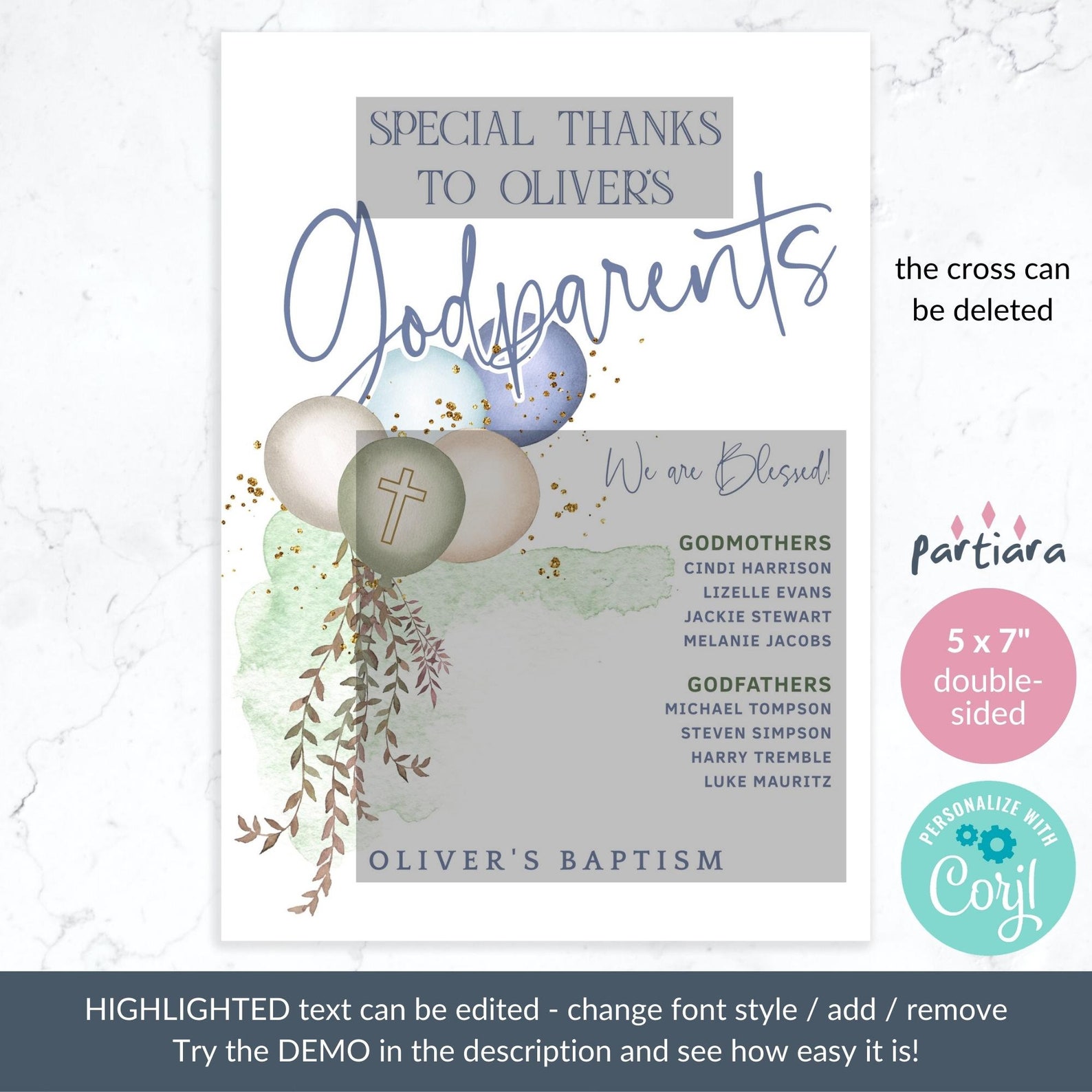 Boy Baptism Invitation Printable Godparents Details Invite 1st Birthday ...