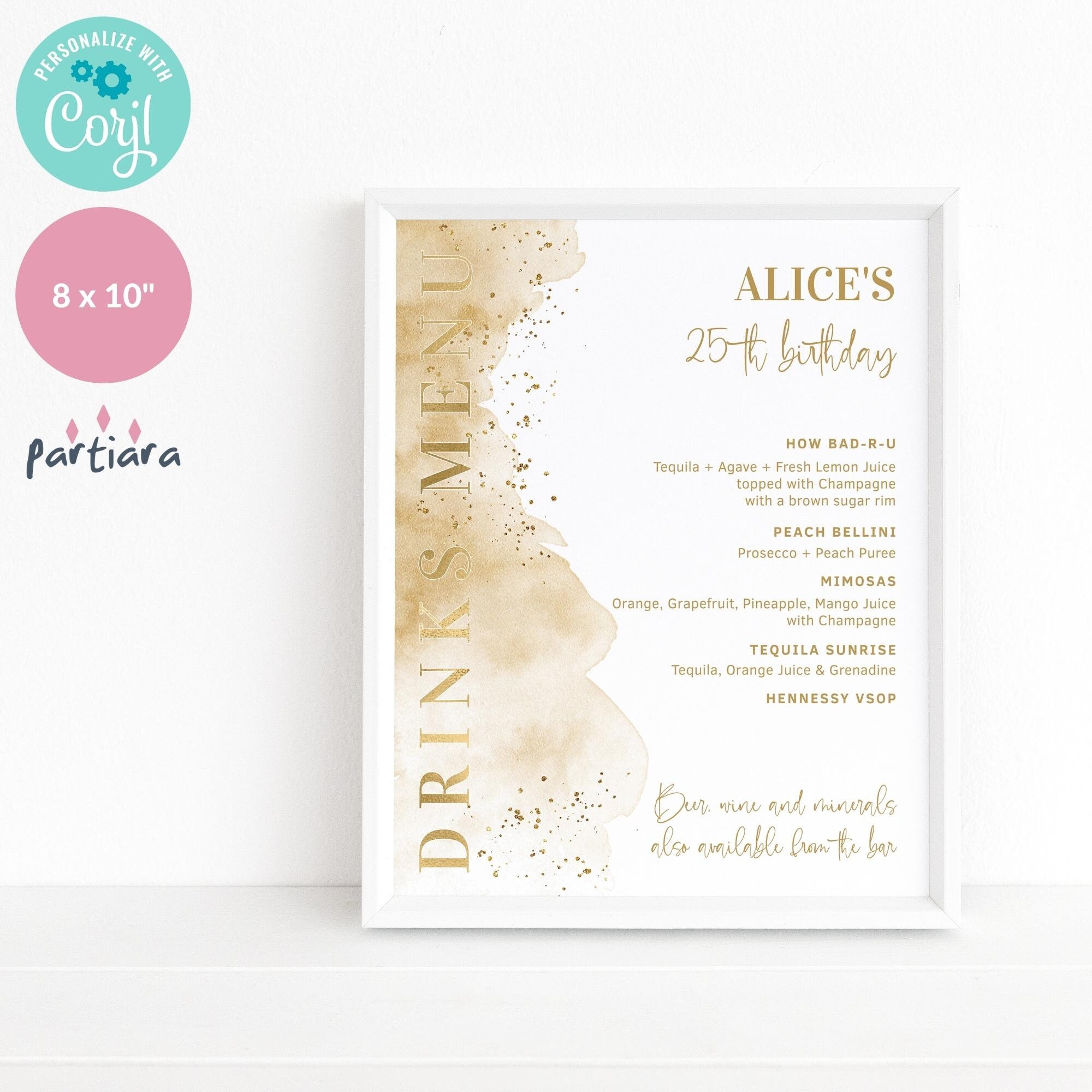 Gold Drinks Menu Template, Birthday Bar Table Menus Printable, Golden ...