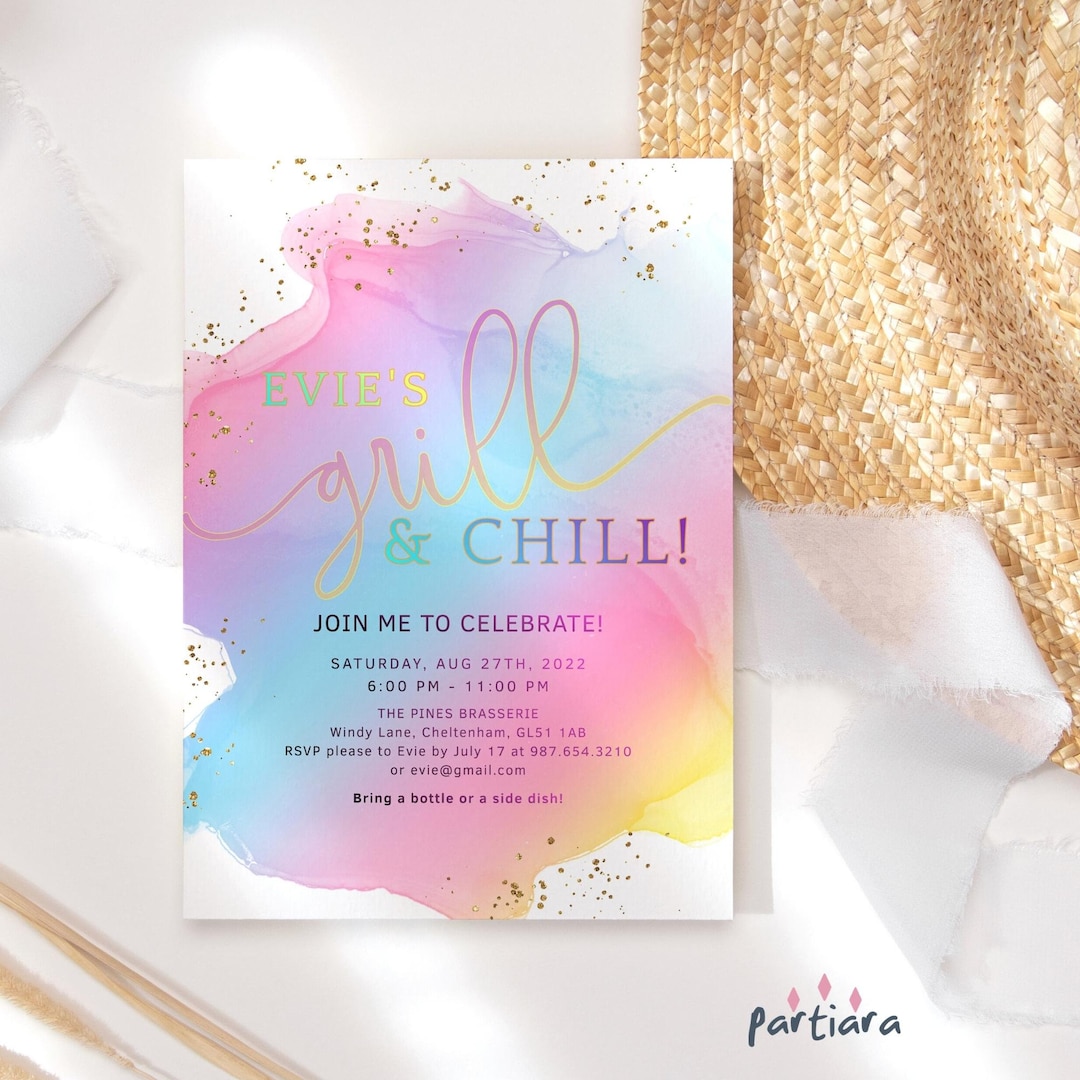 Grill and Chill BBQ Invite Birthday Invitation Rainbow Teen Girls ...