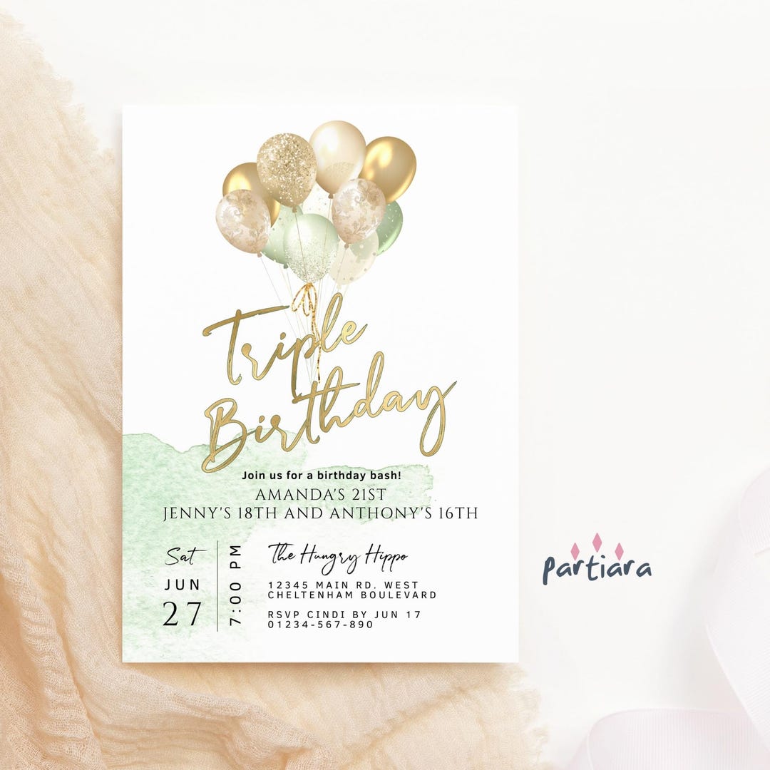 Triple Birthday Invitation, Mint Green Gold Party Balloons Invite ...