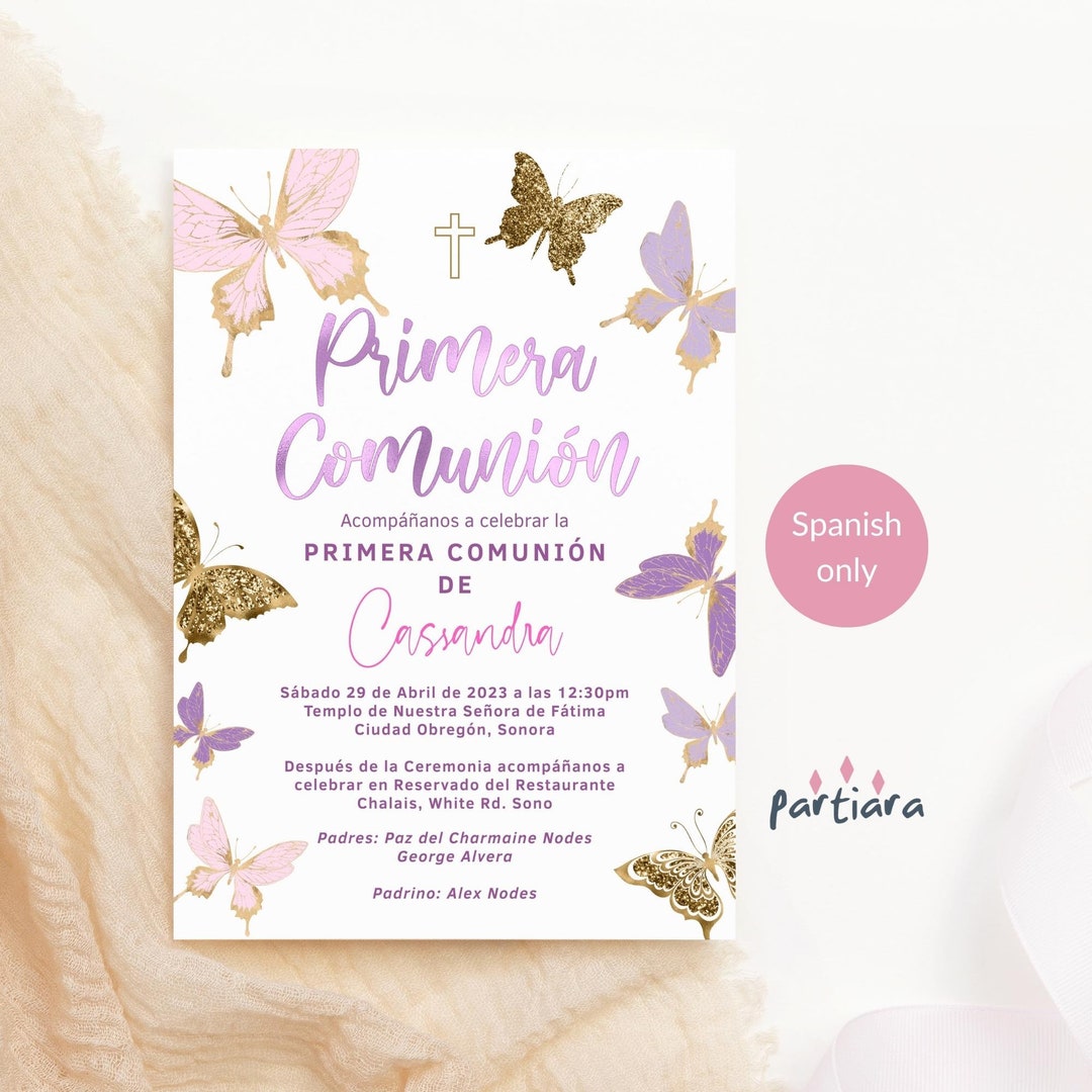 Spanish First Communion Invitation Butterfly Template for Girls, Pink ...