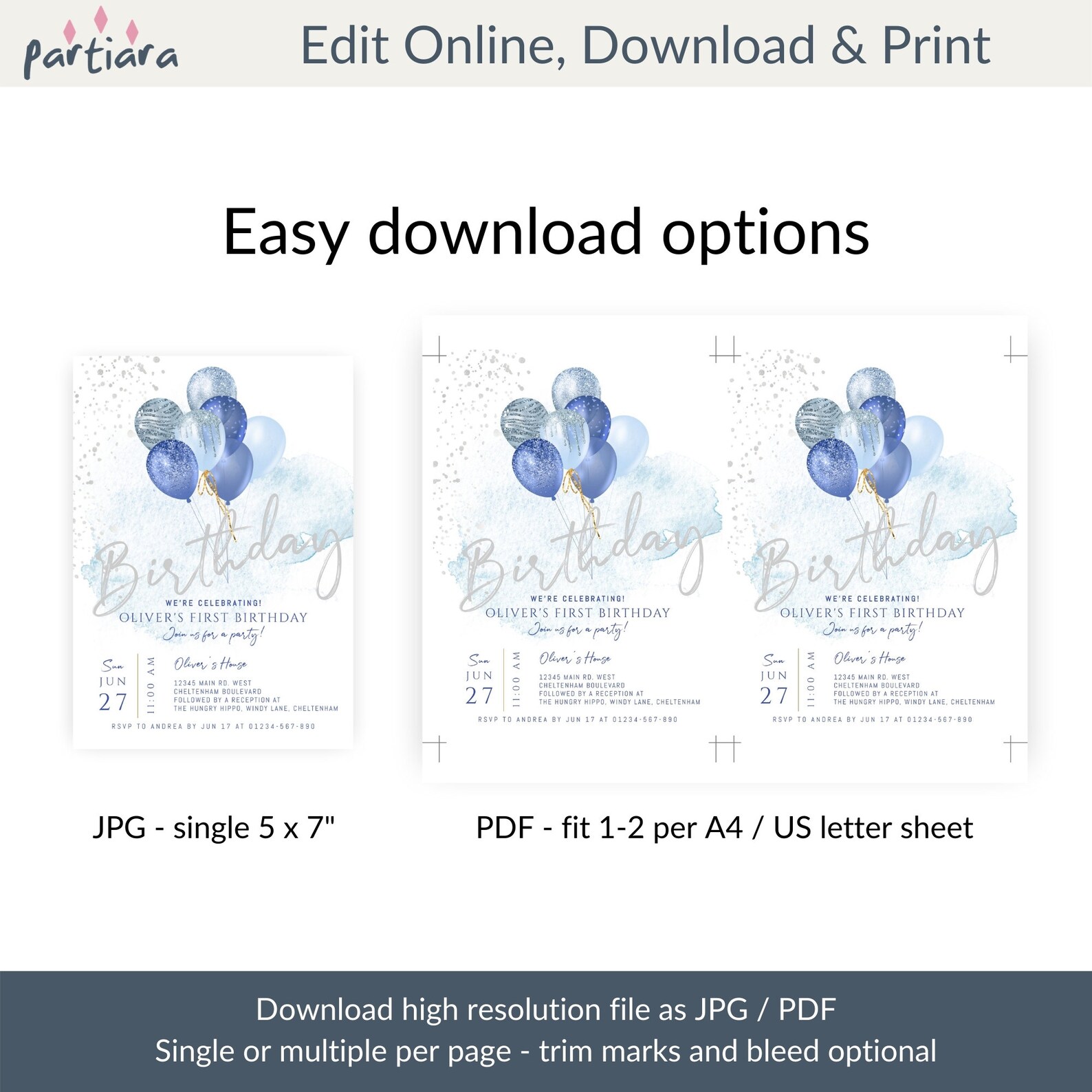 Editable Birthday Balloons Invitation Template Baby Boy 1st - Etsy