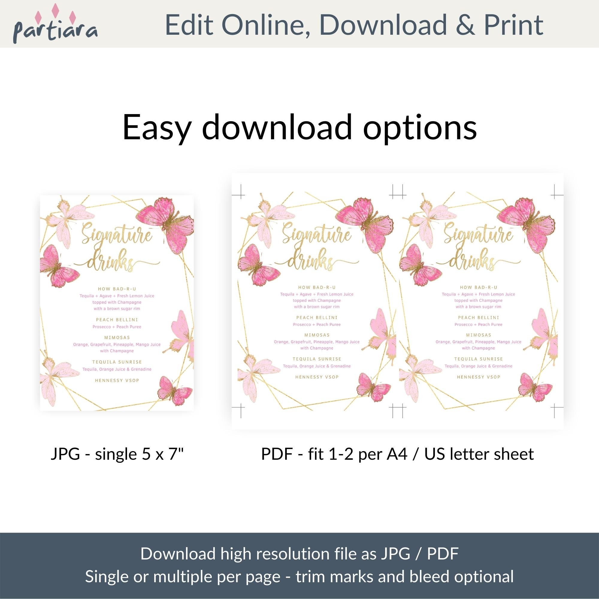 All Pink Butterfly Party Signature Drinks Menu Printable Ladies ...