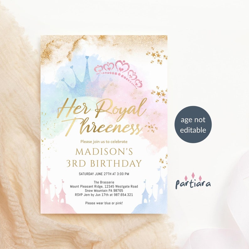 Girl Royal 3rd Birthday Invitation Printable Princess Pastel - Etsy