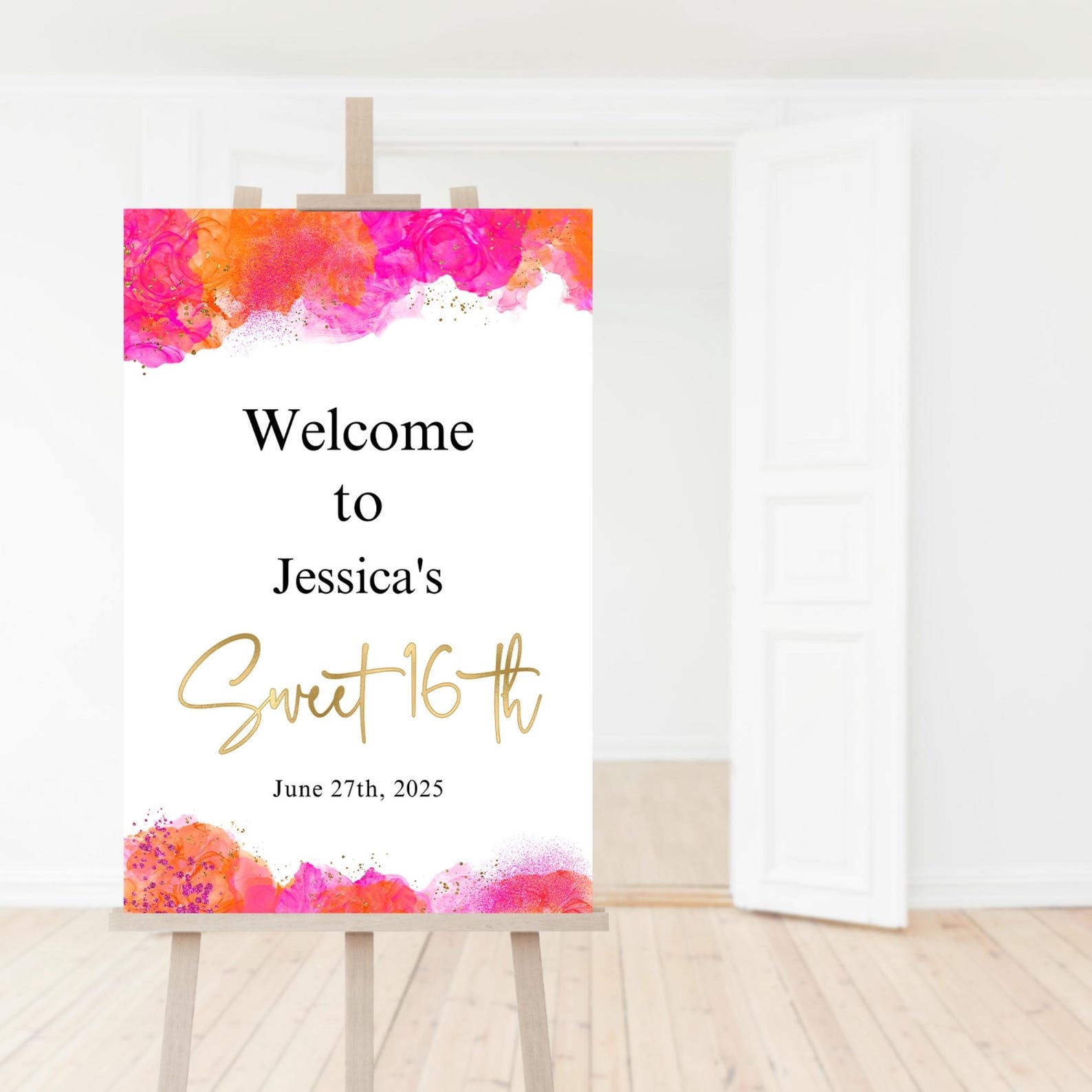 Sweet 16 Welcome Sign Template, Girls Hot Pink Orange Party Welcome ...