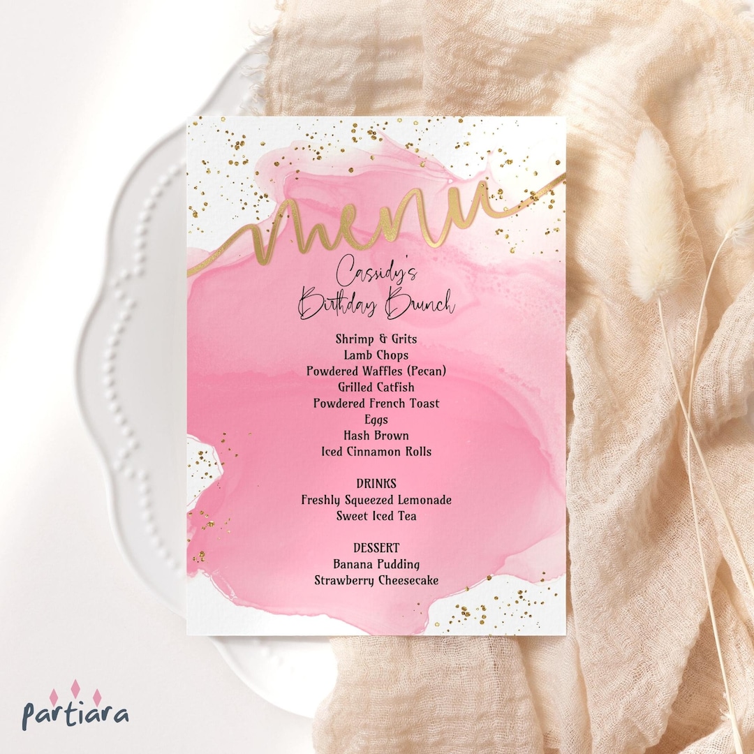 Candy Pink Menus Editable Teen Girl Birthday Brunch Menu Card Printable ...