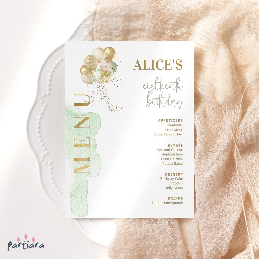 Sage Green Menu Template, Birthday Dinner Menus Printable, Ladies or ...